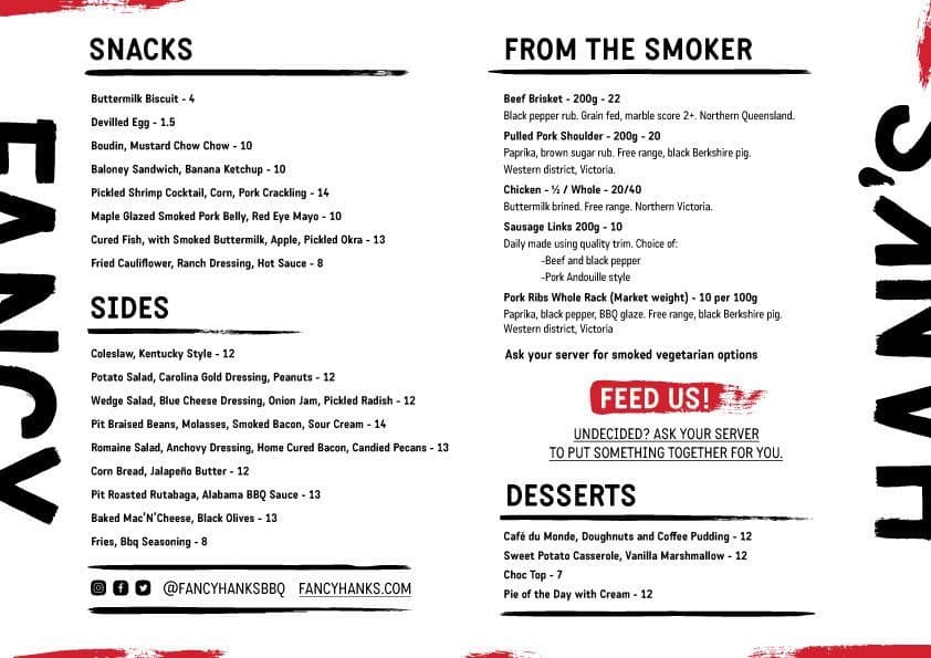 Menu at Fancy Hank's restaurant, Melbourne