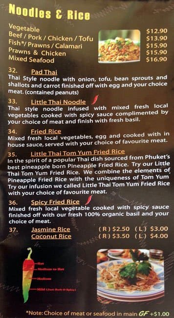 Menu at Little Thai restaurant, Everton Park