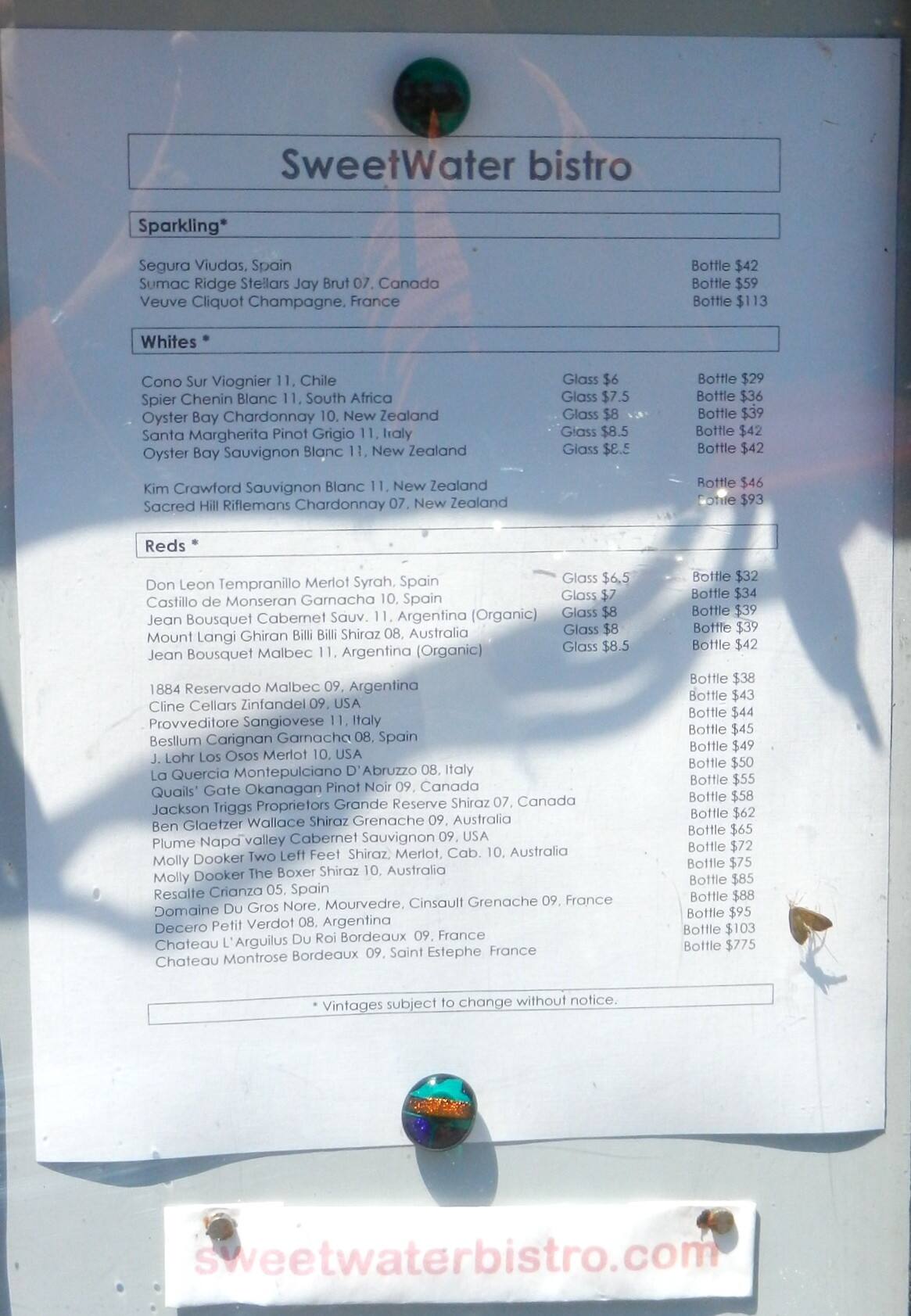 Menu at Sweetwater Bistro restaurant, Gibsons