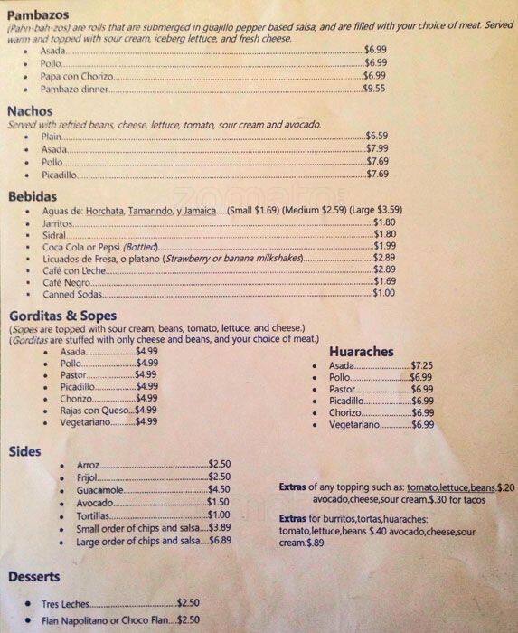 Menu at El Habanero restaurant, Chicago
