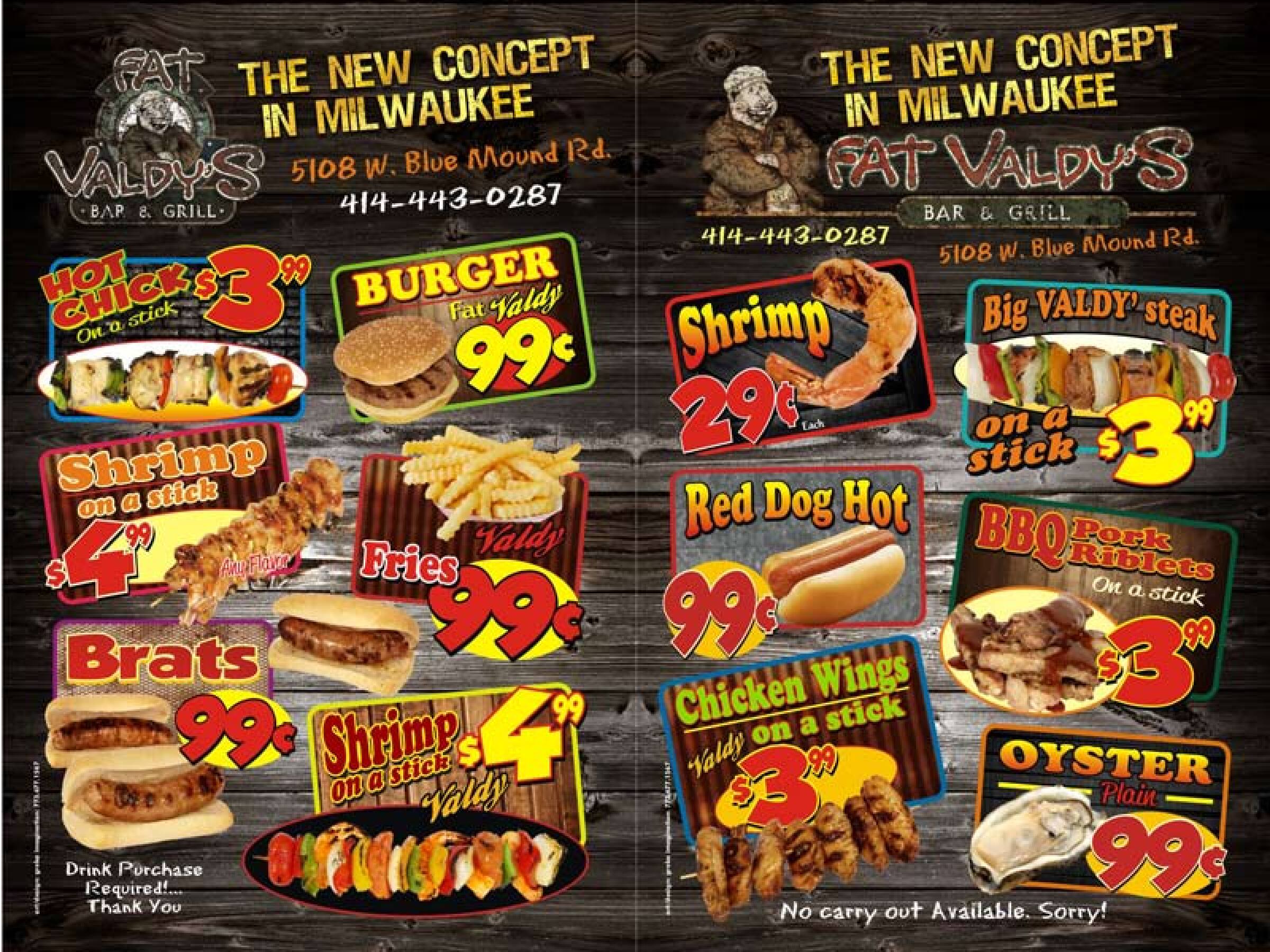 Menu at Fat Valdy's Bar & Grill, Milwaukee, S 1st St