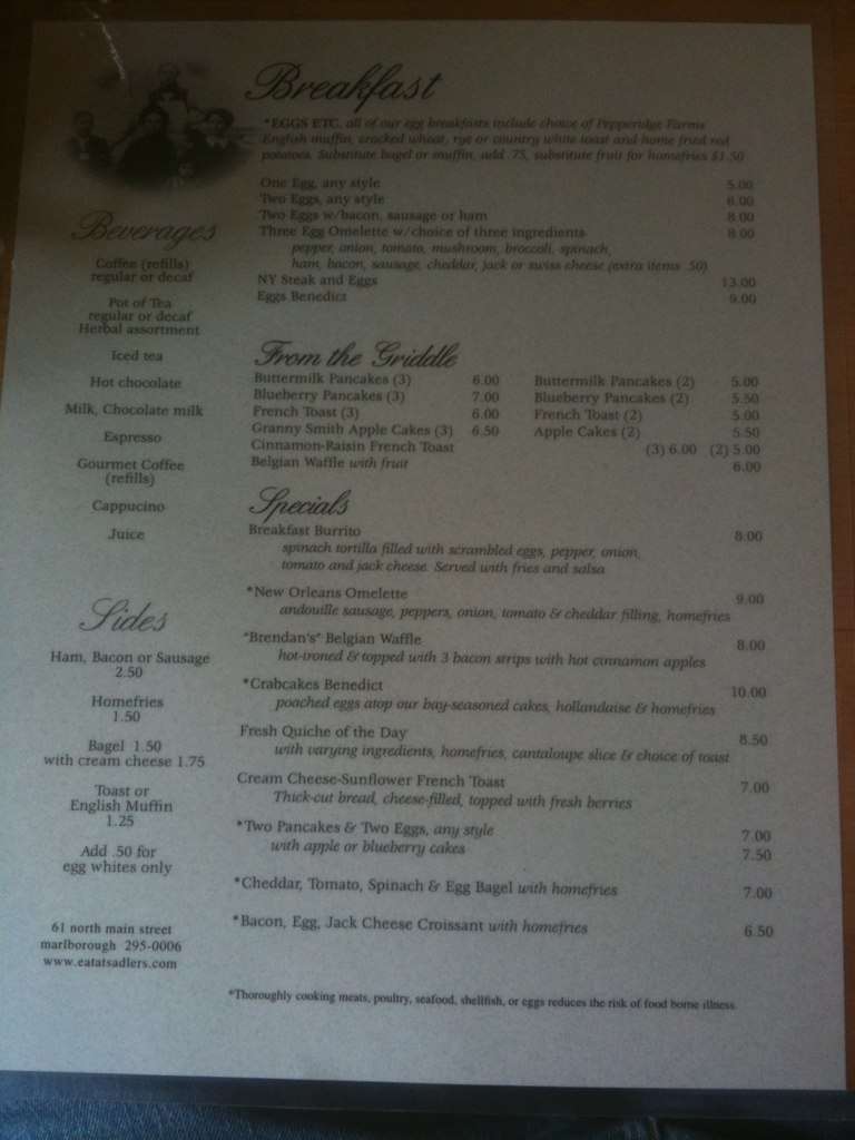 Menu at Sadler's Ordinary restaurant, Marlborough, 61 N Main St