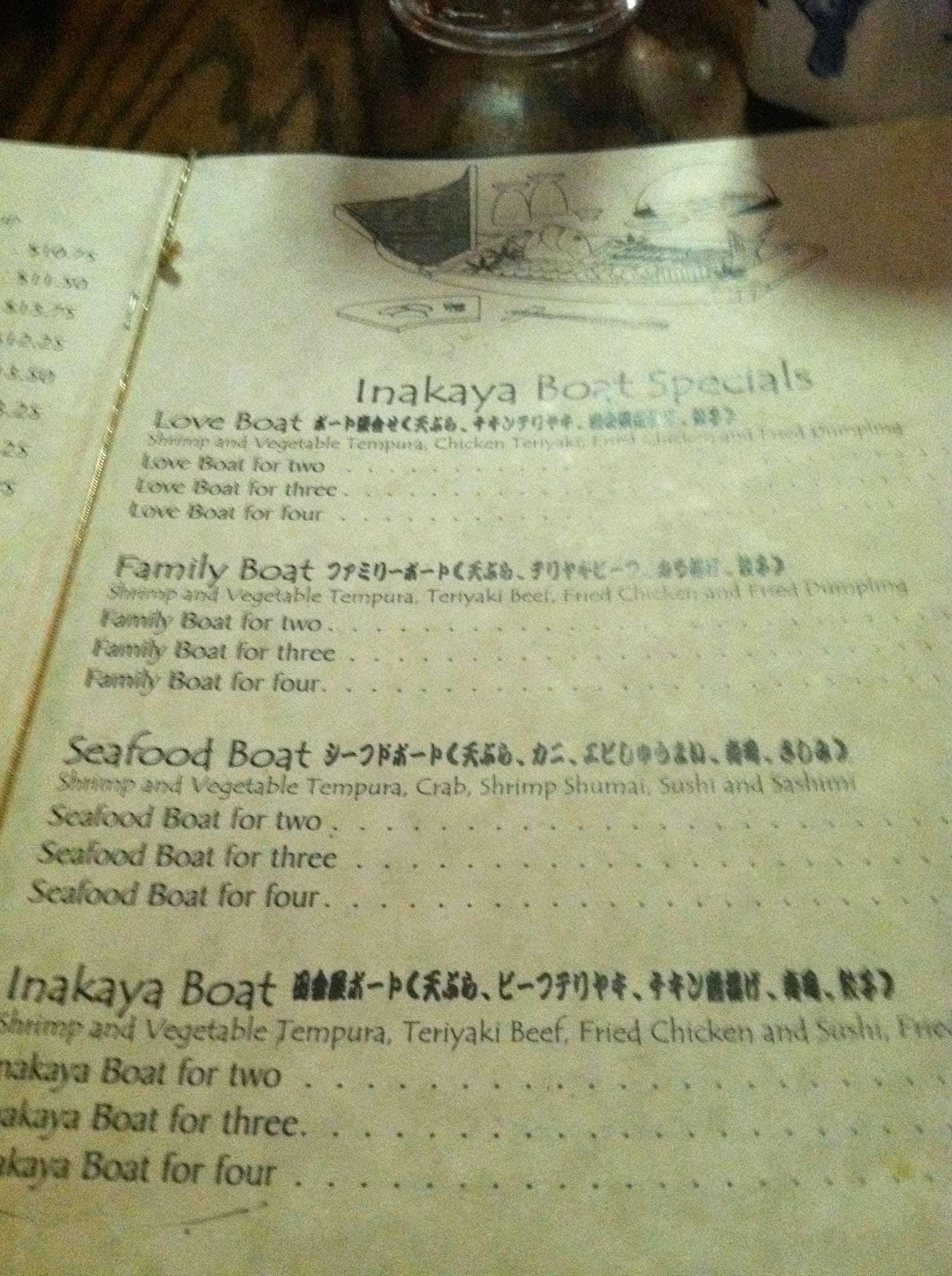 Menu at Inakaya Watanabe Japanese Restaurant, Columbia