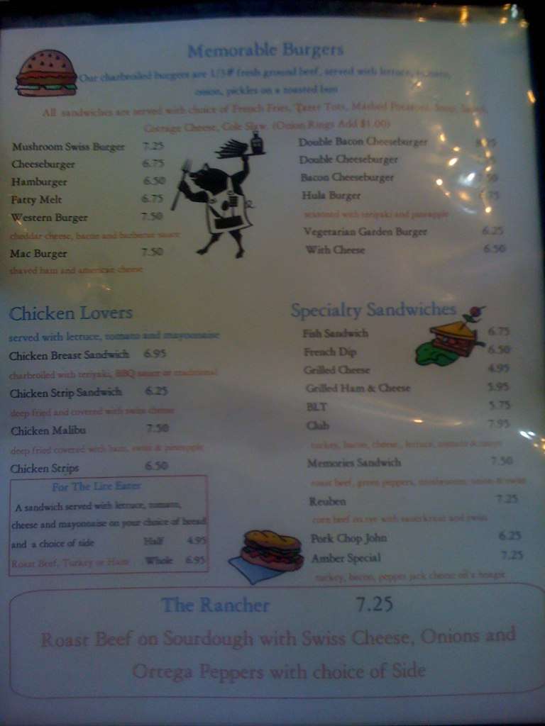 Menu at Memories Cafe, Corvallis
