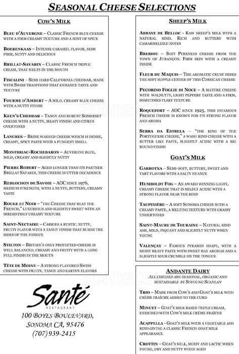 Menu at Santé restaurant, Sonoma, 100 Boyes Blvd