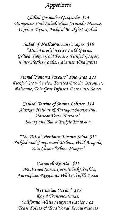 Menu at Santé restaurant, Sonoma, 100 Boyes Blvd