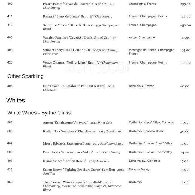 Menu at Santé restaurant, Sonoma, 100 Boyes Blvd