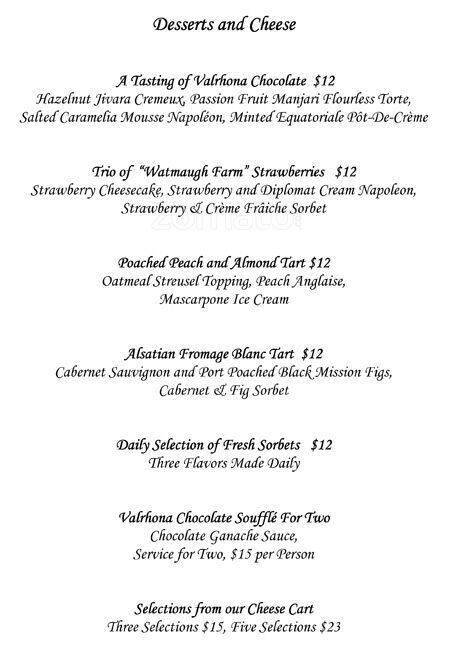 Menu at Santé restaurant, Sonoma, 100 Boyes Blvd