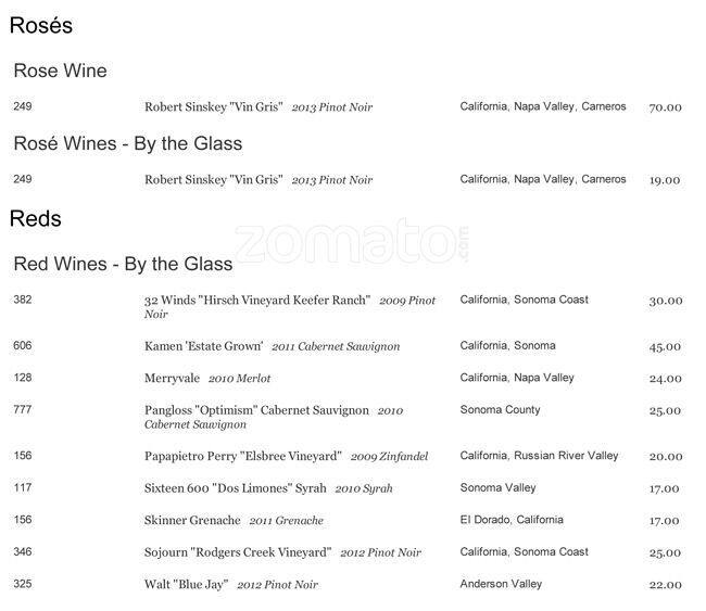 Menu at Santé restaurant, Sonoma, 100 Boyes Blvd