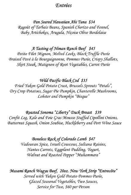 Menu at Santé restaurant, Sonoma, 100 Boyes Blvd