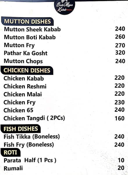 Menu of Bade Miyan Kababs, Necklace Road, Hyderabad