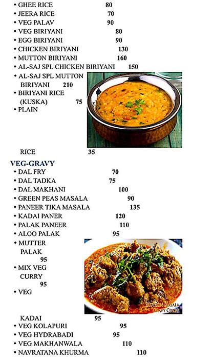 Menu of Al Saj Hotels, Yeshwantpur, Bangalore