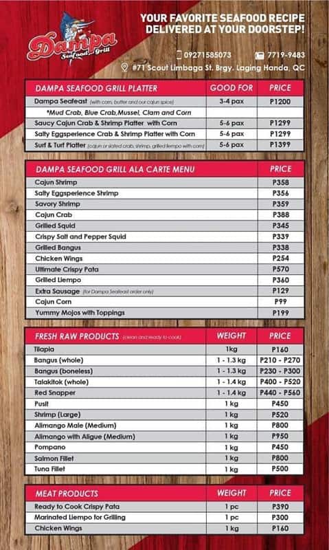 Menu at Dampa Seafood Grill restaurant, Quezon City