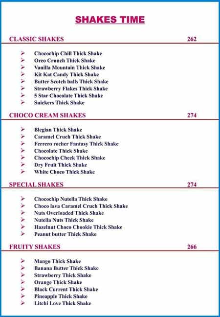 Menu of Shakes Time, Madhapur, Hyderabad