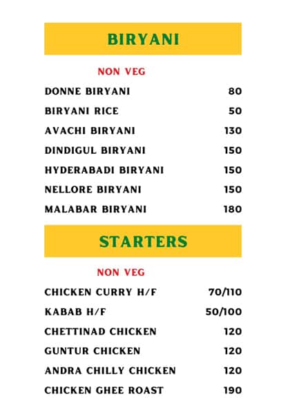 Menu of Avachi Biryani, Magadi Road, Bangalore