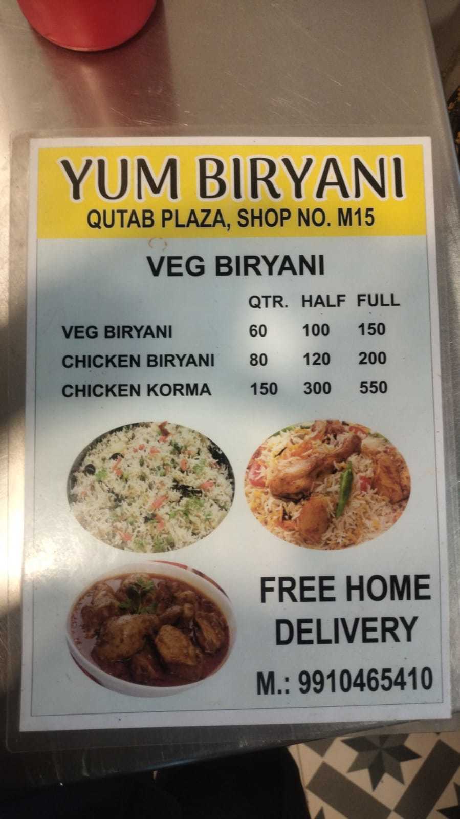 Menu of Yum Biryani, DLF Phase 1, Gurgaon