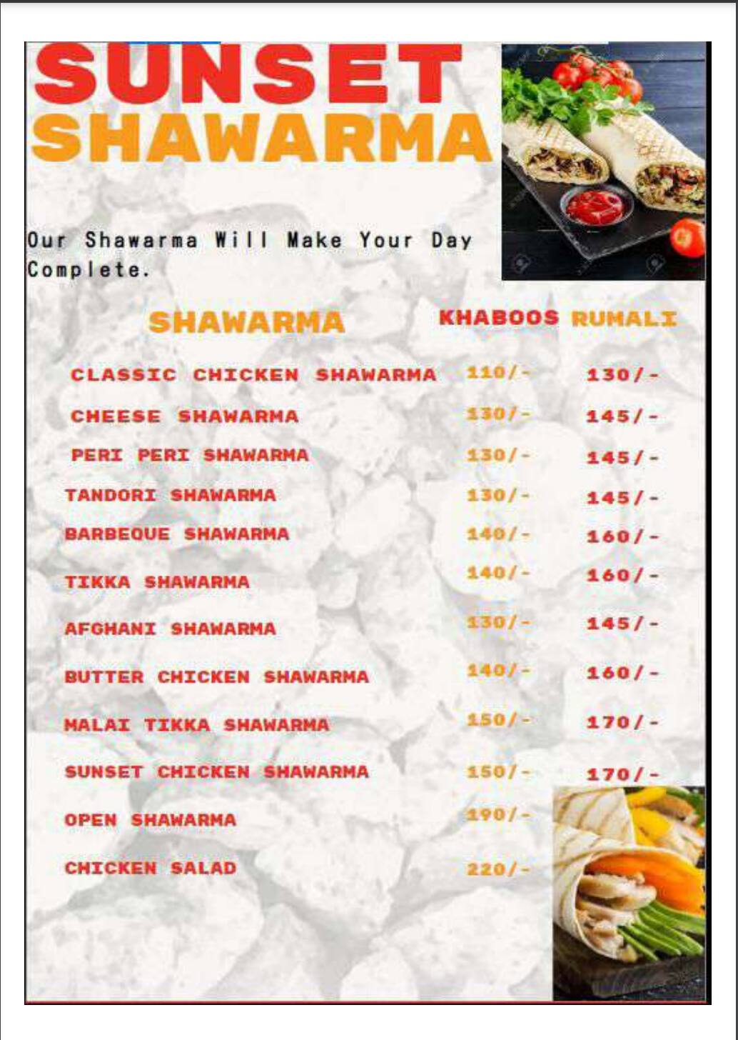 Menu of Sunset Shawarma, Kurla, Mumbai