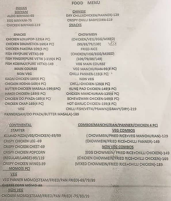 Menu of Filmy Food Station, Dum Dum, Kolkata