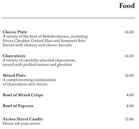Menu at Archer Street Soho pub & bar, London