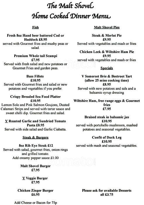Menu at Malt Shovel pub & bar, Dartford, 3 Darenth Road