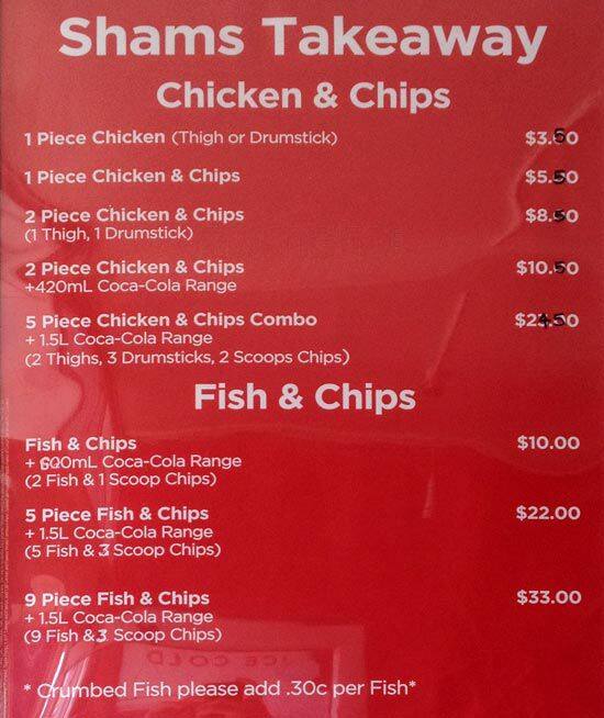 Menu at Shams Takeaways restaurant, Wellington