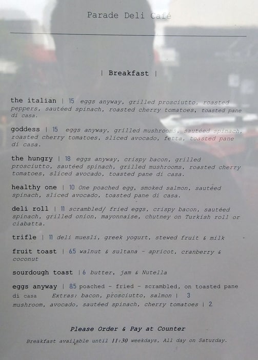 Menu at Parade Deli cafe, Williamstown