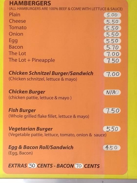 Menu at Con's Corner restaurant, Thornbury