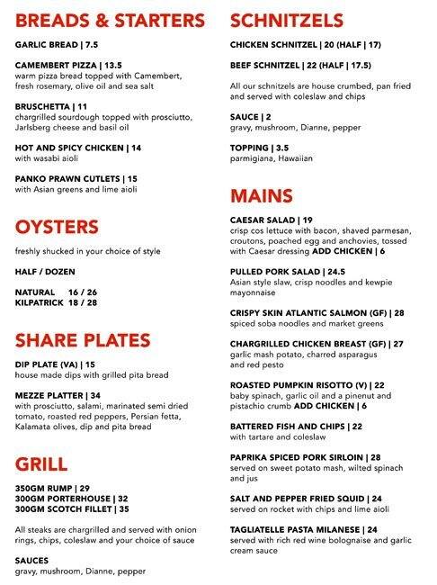 Menu at Arkaba Hotel pub & bar, Fullarton, 150 Glen Osmond Rd