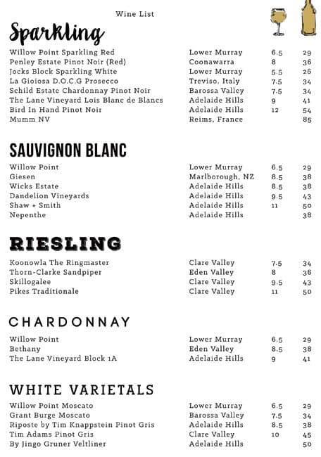 Menu at Arkaba Hotel pub & bar, Fullarton, 150 Glen Osmond Rd