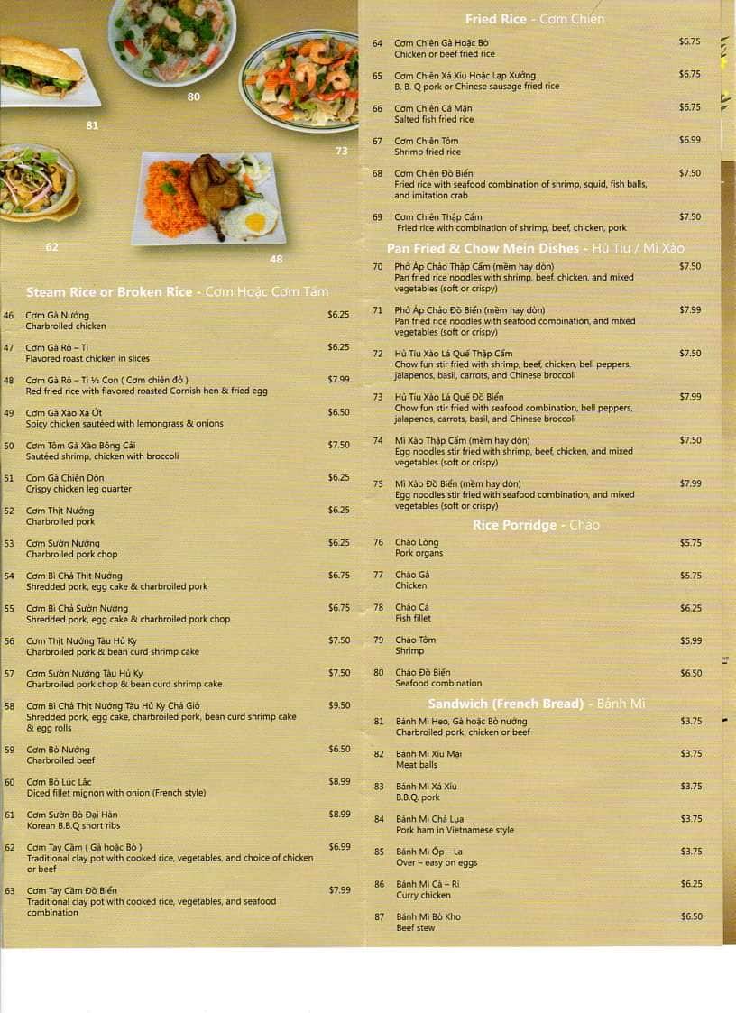 Menu at Phở Mai restaurant, San Bernardino