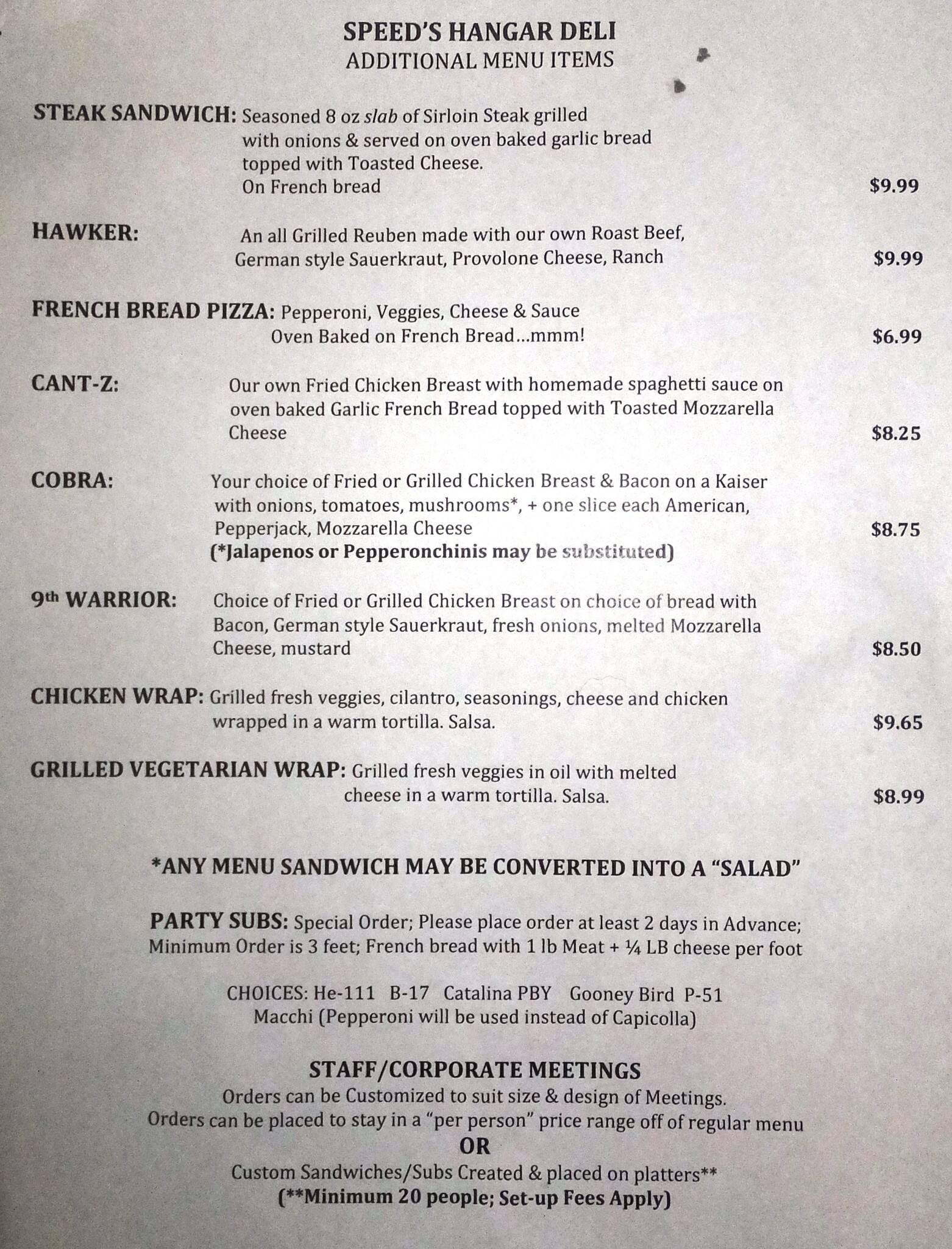 Menu at Speed's Hangar Deli, Prescott