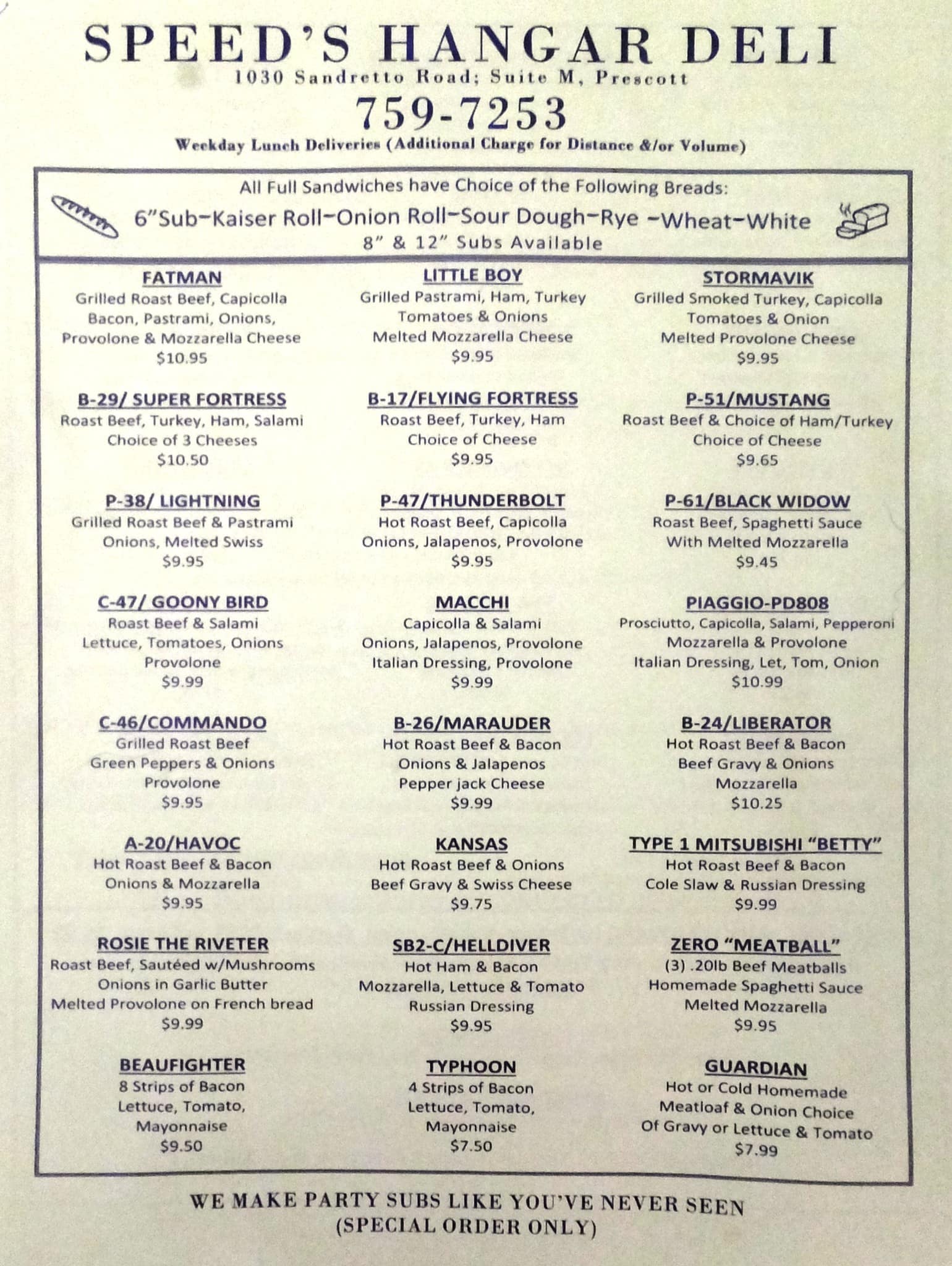 Menu at Speed's Hangar Deli, Prescott