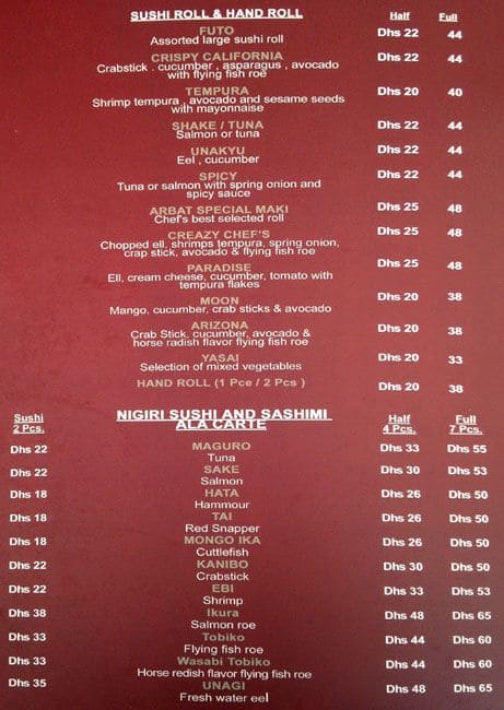 Menu at arbat restaurant, Dubai