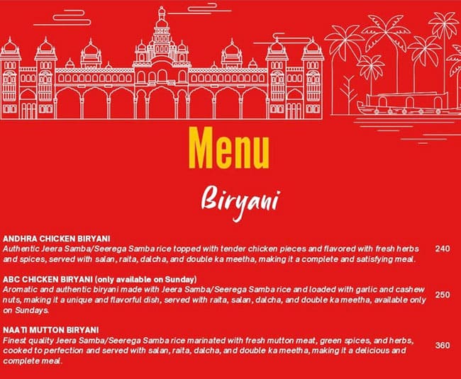 Menu of Aadeshwari Biryani Centre, Matunga East, Mumbai