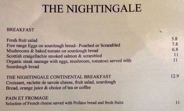 Menu at The Nightingale cafe, London, 39 Grosvenor Gardens