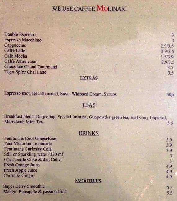 Menu at The Nightingale cafe, London, 39 Grosvenor Gardens