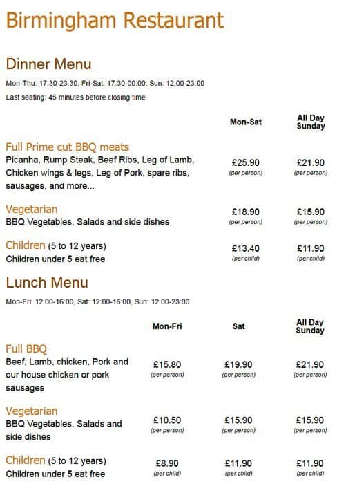 Menu at Rodizio Rico pub & bar, Birmingham, 207 Wharfside St