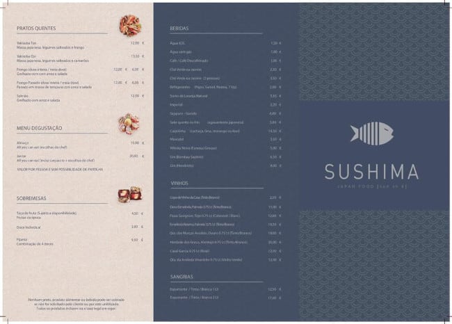 Menu at Sushima restaurant, Lisbon