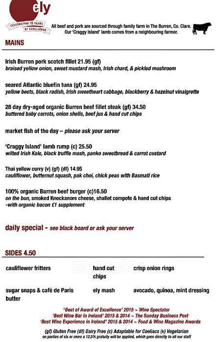 Menu at ELY WINE BAR, Dublin