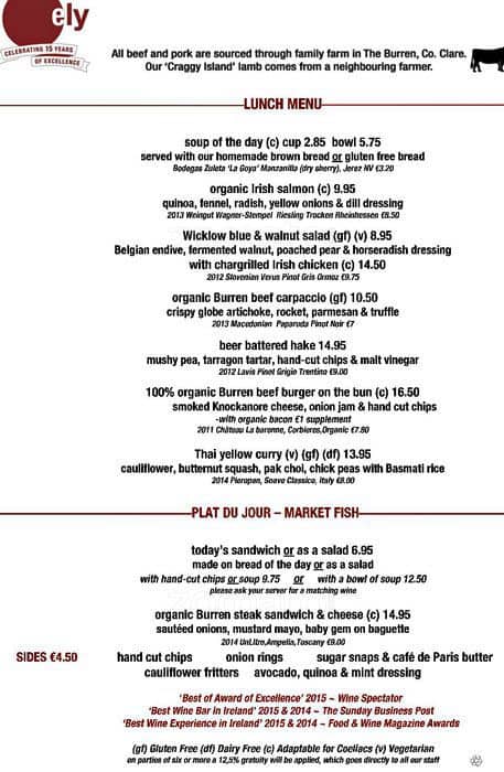 Menu at ELY WINE BAR, Dublin