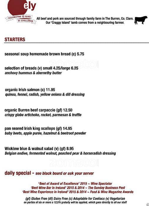 Menu at ELY WINE BAR, Dublin