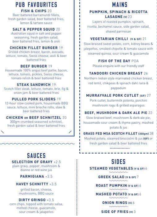 Menu at Havelock Hotel restaurant, Adelaide