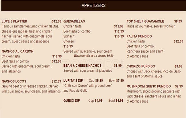 Menu at Lupe's Tex Mex Grill restaurant, Keller