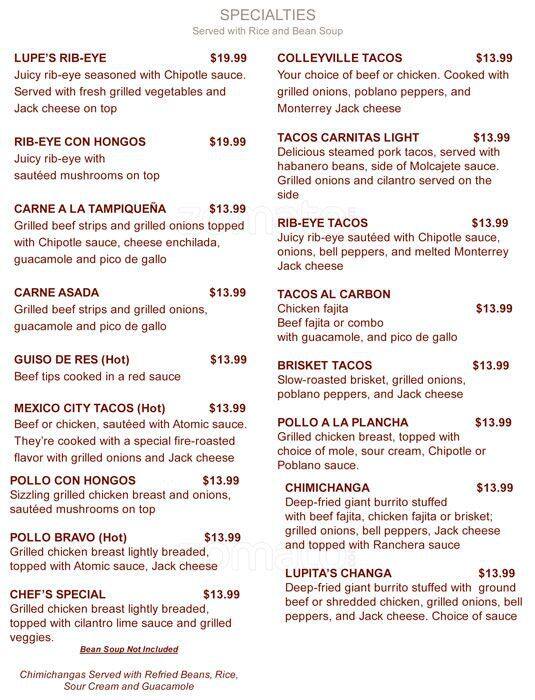 Menu at Lupe's Tex Mex Grill restaurant, Keller