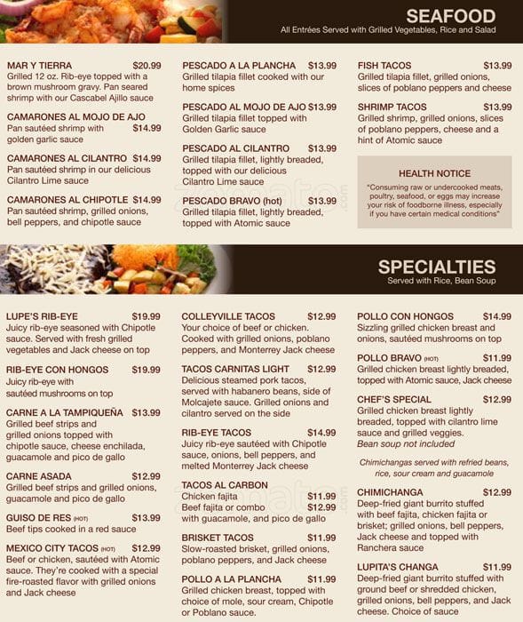 Menu at Lupe's Tex Mex Grill restaurant, Keller