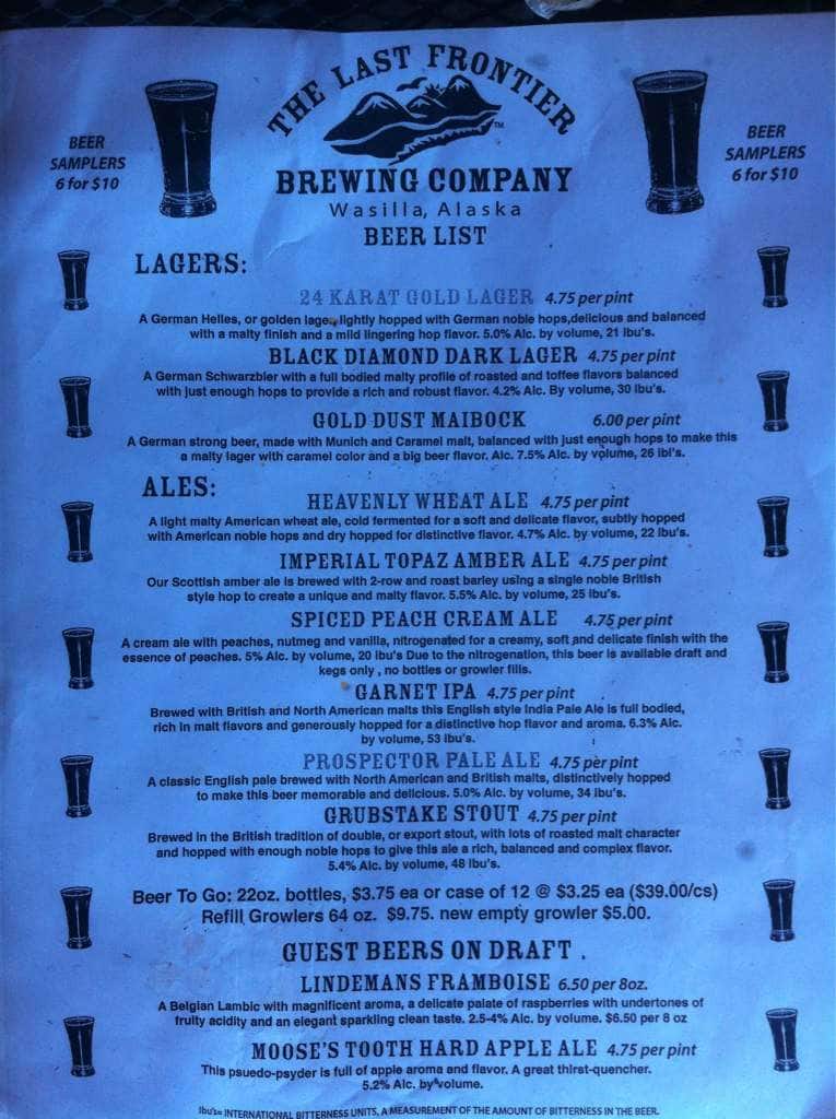 Menu at Last Frontier Brewing Co pub & bar, Wasilla