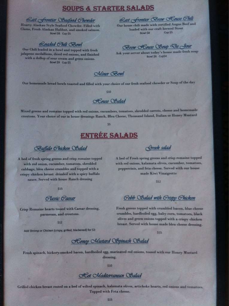 Menu at Last Frontier Brewing Co pub & bar, Wasilla