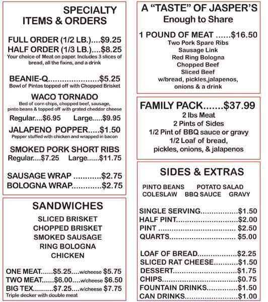 Menu at Jasper's BBQ, Waco