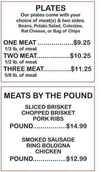 Menu at Jasper's BBQ, Waco