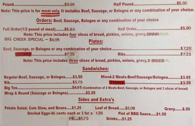 Menu at Jasper's BBQ, Waco